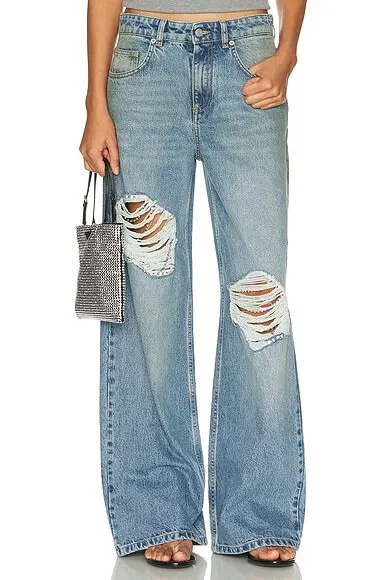 AREA Crystal Fray Wide Leg Jeans