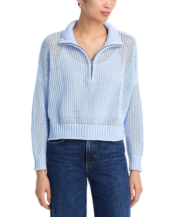 Vintage Havana Open Knit Quarter Zip Pullover - Light Blue