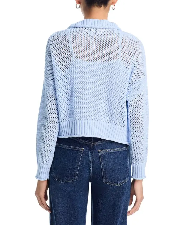 Vintage Havana Open Knit Quarter Zip Pullover - Light Blue