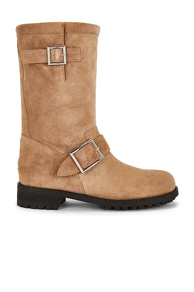 JIMMY CHOO Biker Mid Calf Velvet Suede Boots With Buckles - Toffee
