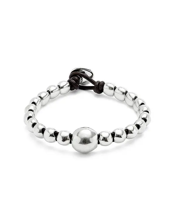 UNODE50 Leather Bracelet With Sterling -plated Beads - Silver