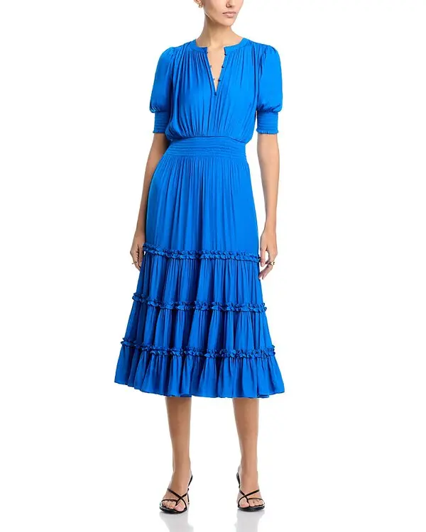 T Tahari Elbow Sleeve Split Neck Tiered Dress - Cobalt Stone