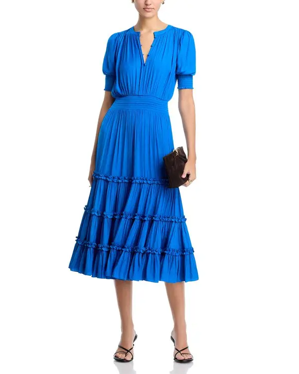 T Tahari Elbow Sleeve Split Neck Tiered Dress
