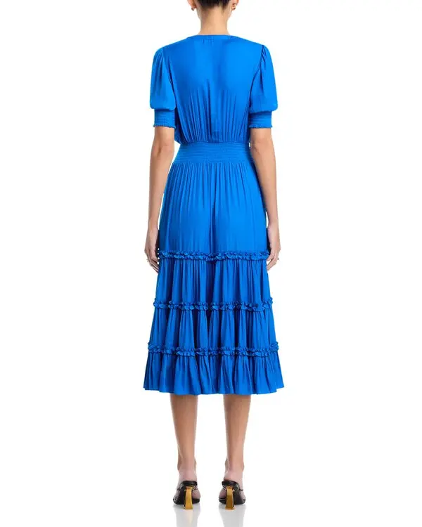 T Tahari Elbow Sleeve Split Neck Tiered Dress