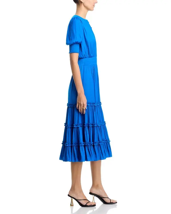 T Tahari Elbow Sleeve Split Neck Tiered Dress