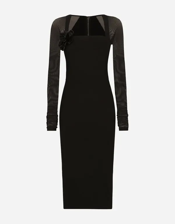 Dolce & Gabbana Jersey Calf-length Dress With Tulle Sleeves - Black