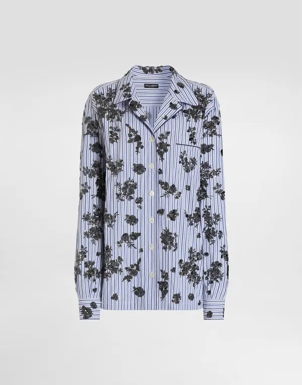 Dolce & Gabbana Poplin Shirt With Crystal Flower Embroidery - Multicolor