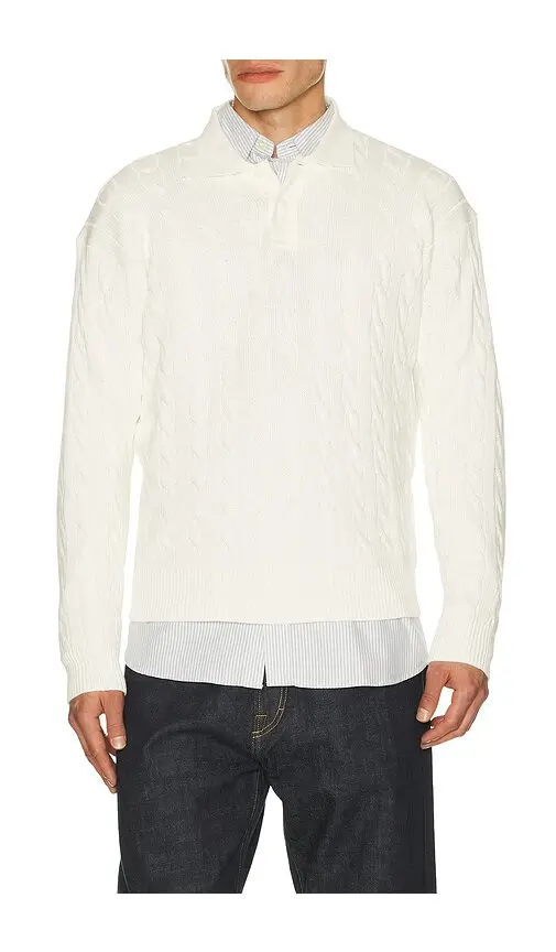 Polo Ralph Lauren Long Sleeve Garment Dyed Cable Knit Polo Sweater Relaxed Fit In White - Nevis