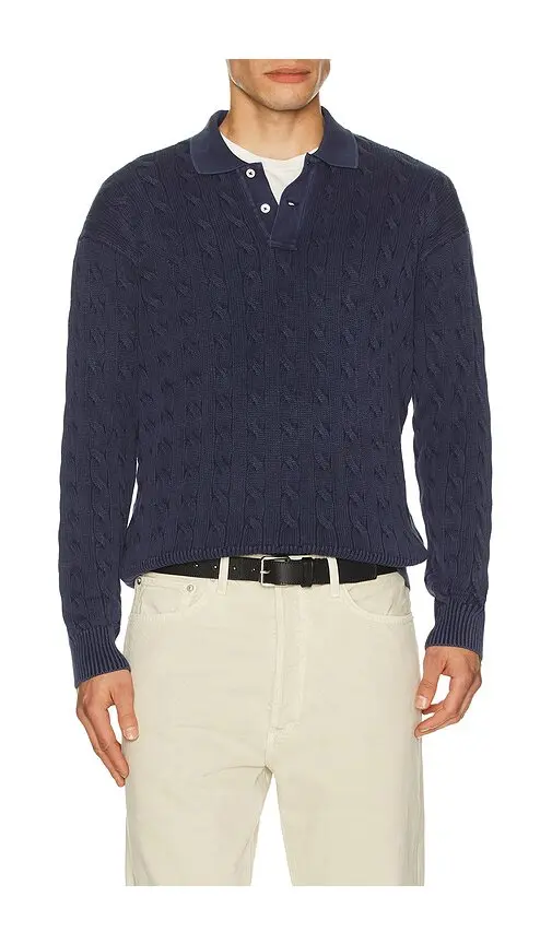 Polo Ralph Lauren Long Sleeve Garment Dyed Cable Knit Polo Sweater In Blue - Dark Cobalt