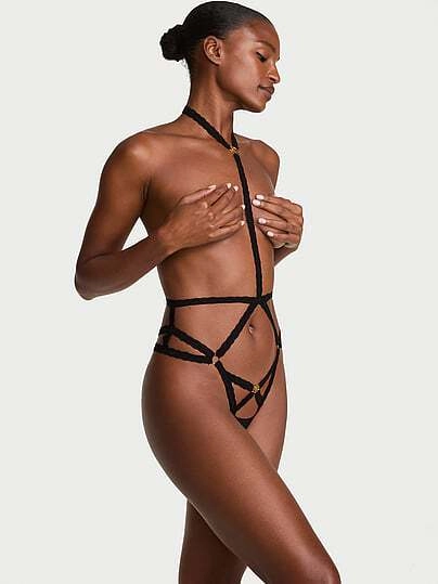Victoria's Secret Very Sexy Rose Hardware Lace Strappy Naked Playsuit - Black