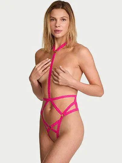 Victoria's Secret Very Sexy Rose Hardware Lace Strappy Naked Playsuit - Pink