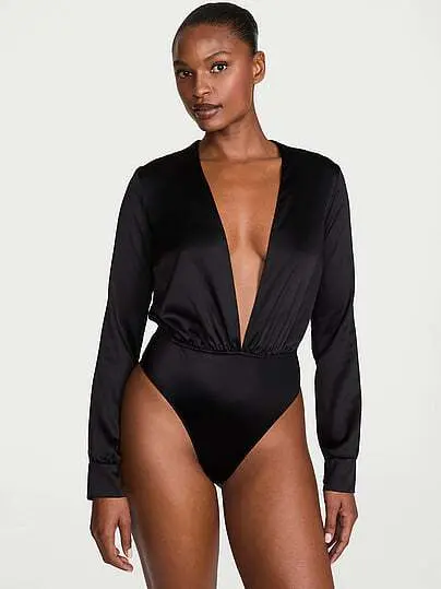 Victoria's Secret Very Sexy Satin Plunge Blouse Bodysuit - Black