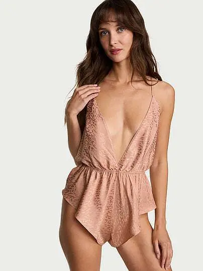 Victoria's Secret Leopard Jacquard Satin Flutter Romper - Beige