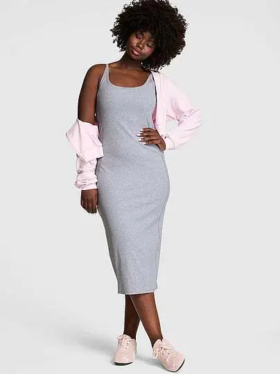 Pink All-day Soft Rib High-neck Midi Dress - Grey