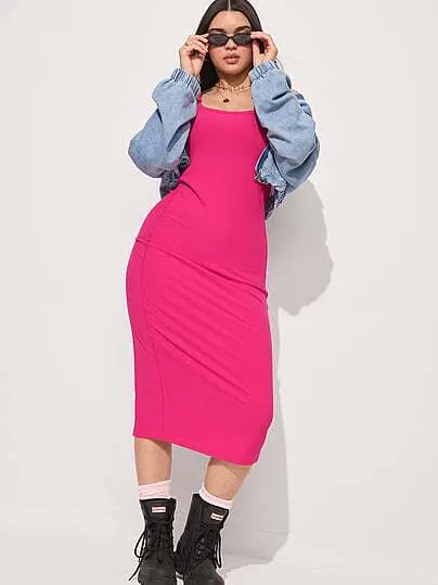 Pink All-day Soft Rib High-neck Midi Dress - Pink