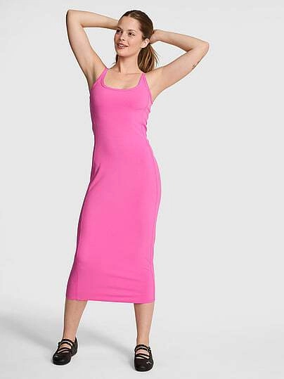 Pink All-day Soft Rib High-neck Midi Dress - Pink