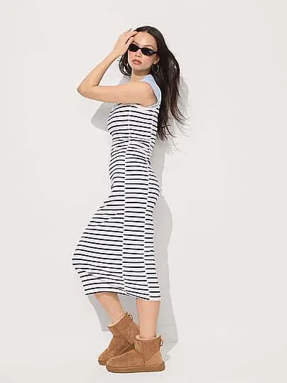 Pink All-day Soft Rib High-neck Midi Dress - Print