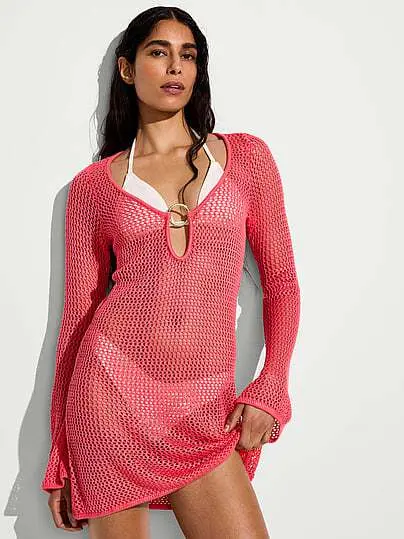 Victoria's Secret Swim Beachwear Crochet Long-sleeve Mini Dress - Pink