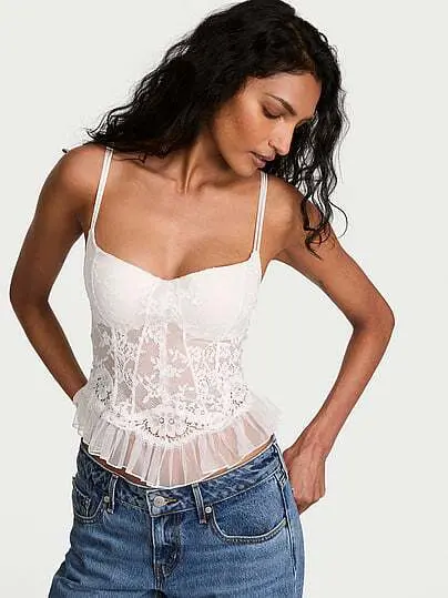 Victoria's Secret Dream Angels Dare To Lace Ruffle Bra Top - White,ivory