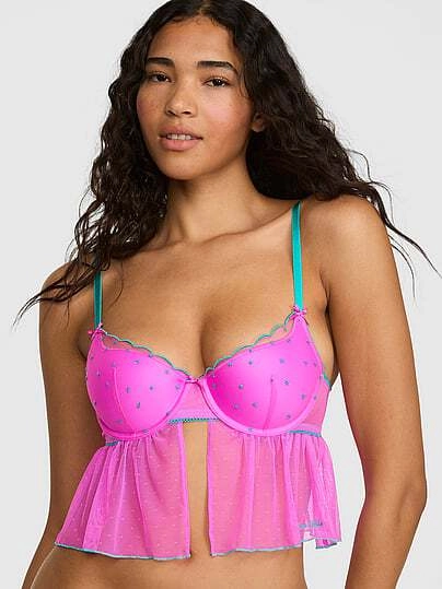 Pink Lightly Lined Scoop Corset Top With Sheer Dot Mesh And Embroidered Details - Pink