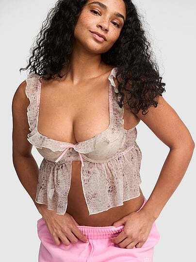 Pink Lightly Lined Scoop Corset Top With Sheer Dot Mesh And Embroidered Details - Print