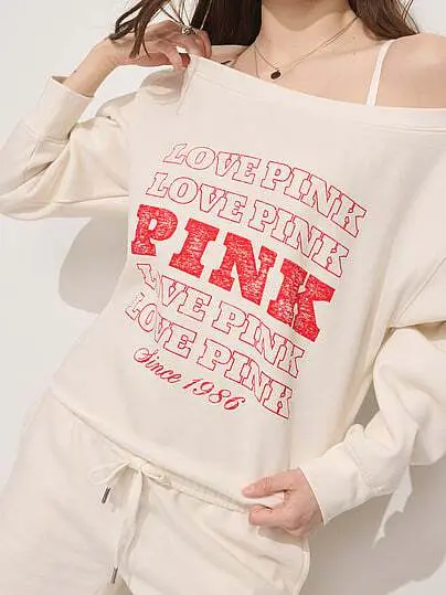 Pink Campus Fleece Rib Off-the-shoulder Sweatshirt - Beige