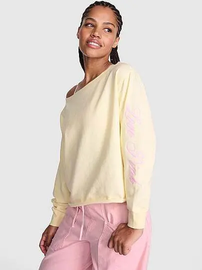 Pink Campus Fleece Rib Off-the-shoulder Sweatshirt - Beige