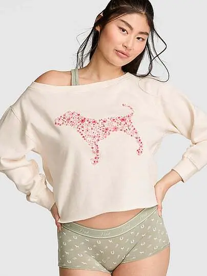 Pink Campus Fleece Rib Off-the-shoulder Sweatshirt - Beige
