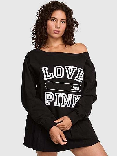 Pink Campus Fleece Rib Off-the-shoulder Sweatshirt - Black