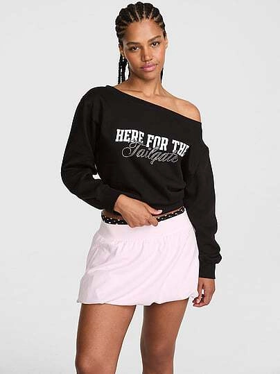 Pink Campus Fleece Rib Off-the-shoulder Sweatshirt - Black