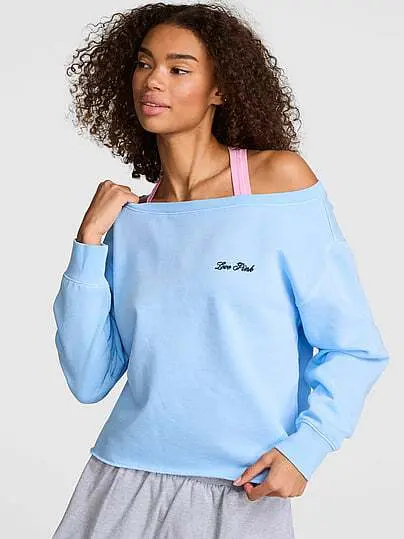 Pink Campus Fleece Rib Off-the-shoulder Sweatshirt - Blue