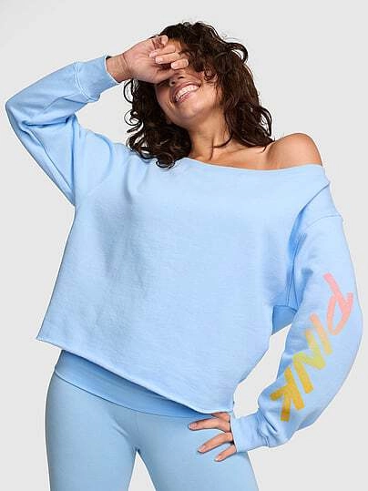 Pink Campus Fleece Rib Off-the-shoulder Sweatshirt - Blue