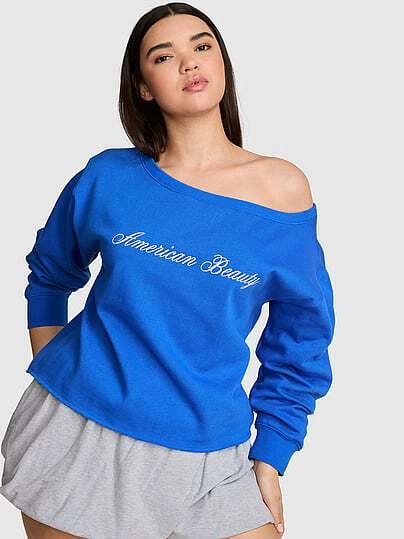 Pink Campus Fleece Rib Off-the-shoulder Sweatshirt - Blue