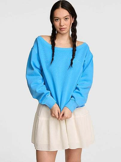 Pink Campus Fleece Rib Off-the-shoulder Sweatshirt - Blue