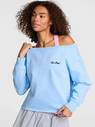 Pink Campus Fleece Rib Off-the-shoulder Sweatshirt - Blue