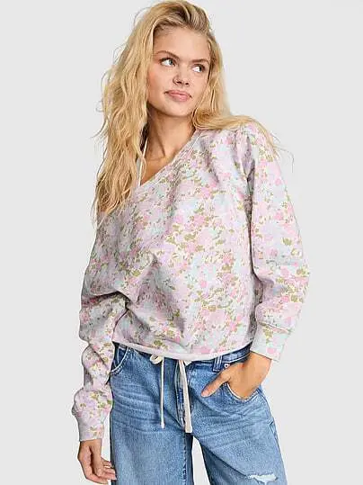 Pink Campus Fleece™ Rib Off-the-shoulder Sweatshirt - Floral