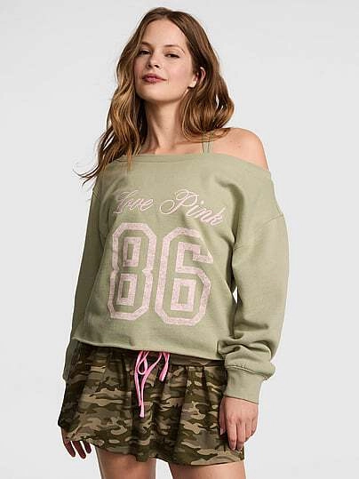 Pink Campus Fleece Rib Off-the-shoulder Sweatshirt - Green