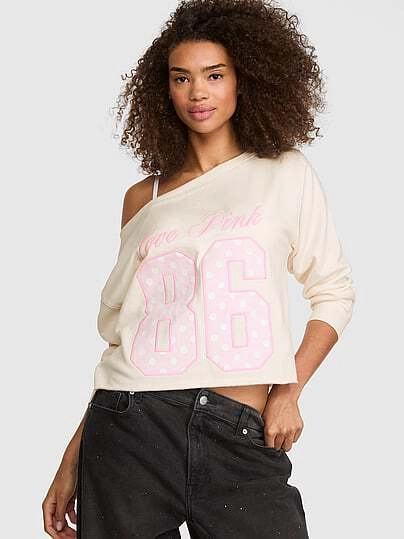 Pink Campus Fleece Rib Off-the-shoulder Sweatshirt - Grey