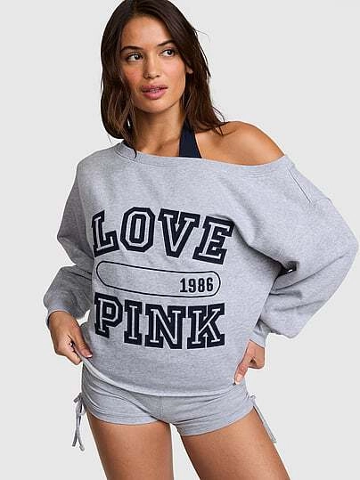 Pink Campus Fleece Rib Off-the-shoulder Sweatshirt - Grey