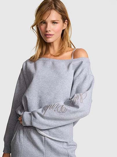 Pink Campus Fleece Rib Off-the-shoulder Sweatshirt - Grey