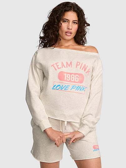 Pink Campus Fleece Rib Off-the-shoulder Sweatshirt - Grey
