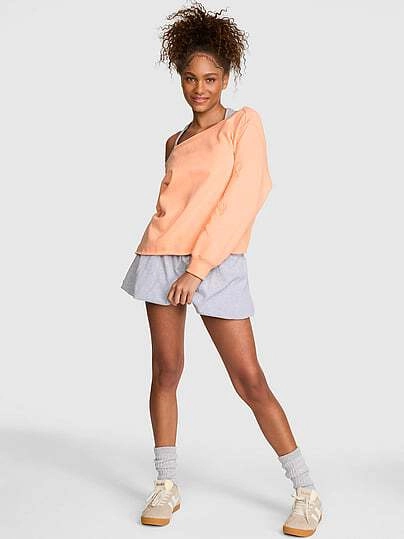 Pink Campus Fleece Rib Off-the-shoulder Sweatshirt - Orange
