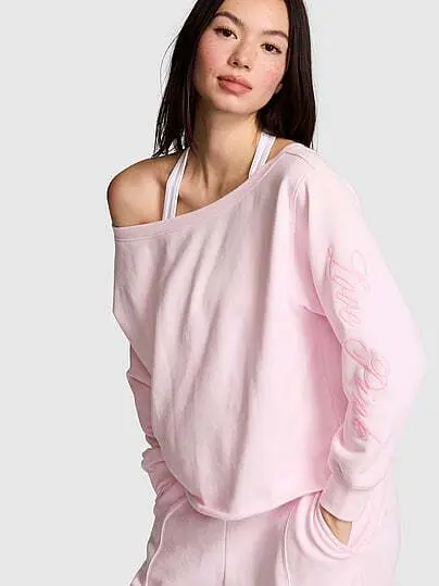 Pink Campus Fleece Rib Off-the-shoulder Sweatshirt - Pink