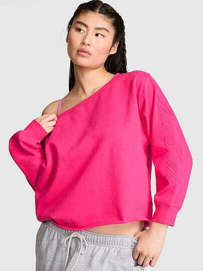 Pink Campus Fleece Rib Off-the-shoulder Sweatshirt - Pink