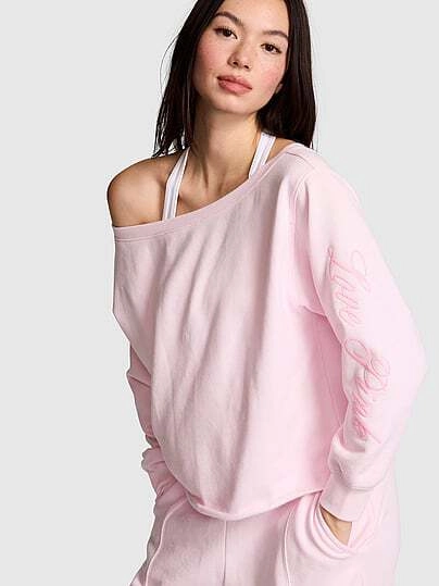 Pink Campus Fleece Rib Off-the-shoulder Sweatshirt - Pink