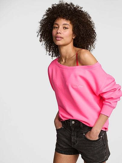 Pink Campus Fleece Rib Off-the-shoulder Sweatshirt - Pink