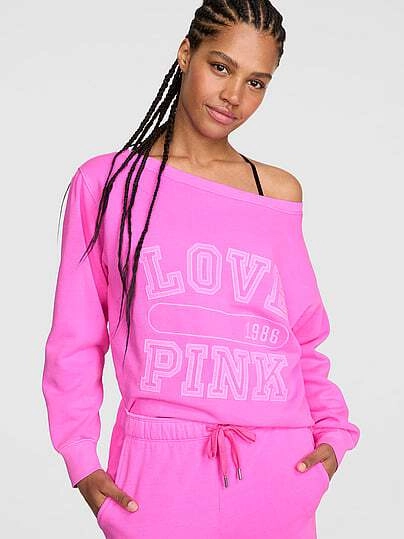 Pink Campus Fleece Rib Off-the-shoulder Sweatshirt - Pink