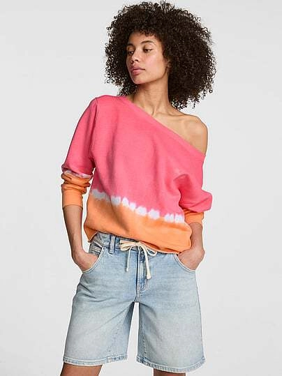 Pink Campus Fleece Rib Off-the-shoulder Sweatshirt - Pink