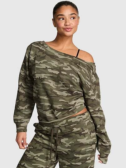 Pink Campus Fleece Rib Off-the-shoulder Sweatshirt - Print
