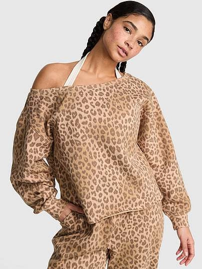 Pink Campus Fleece Rib Off-the-shoulder Sweatshirt - Print